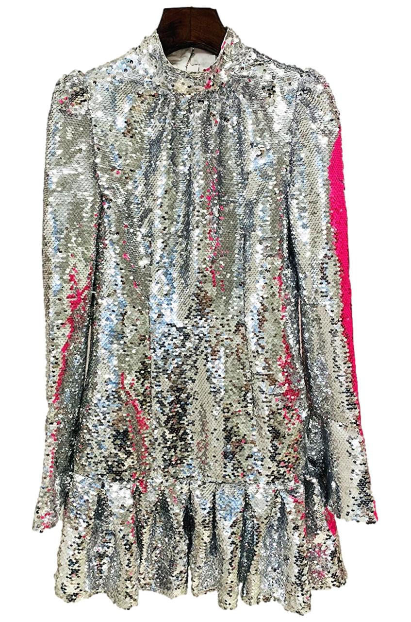 Patricia Silver Sequined Ruffled Minidress – shopUNIQUES.com