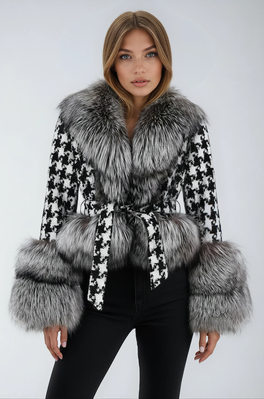 Sheri Fox Fur Houndstooth Tweed Belted Jacket – shopUNIQUES.com